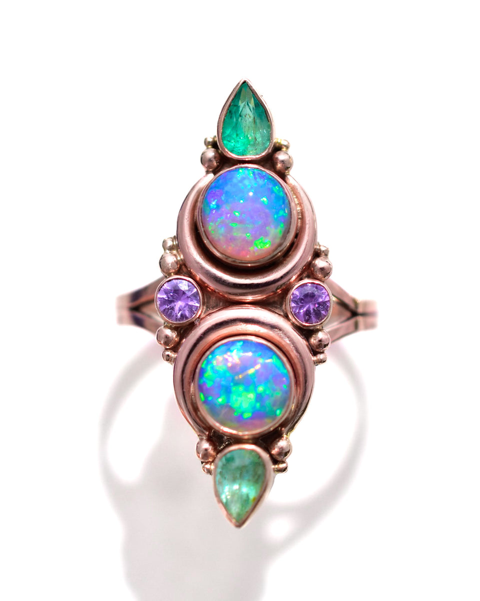 Celestial La Luna Grande Opal Ring: Blue/Purple Opals with Aqua and Em – Angel Alchemy