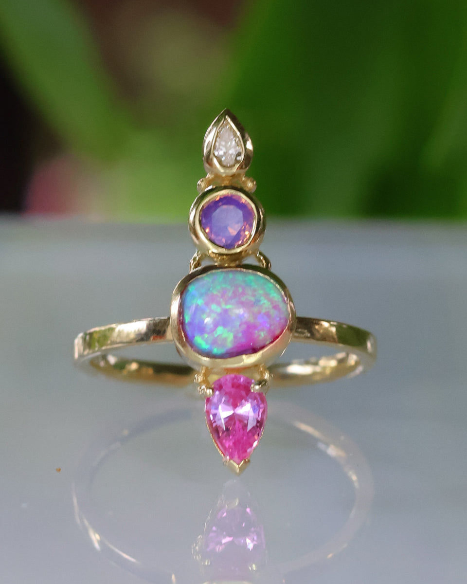 Hot Pink Blue Fire Australian Opal Ring, Opalescent Sapphire, Pink Sap ...