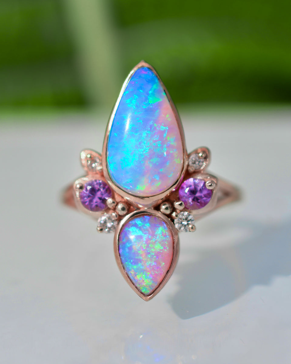 Sky Blue With Pink Australian Opal Fae Ring with Sapphires and Diamond ...