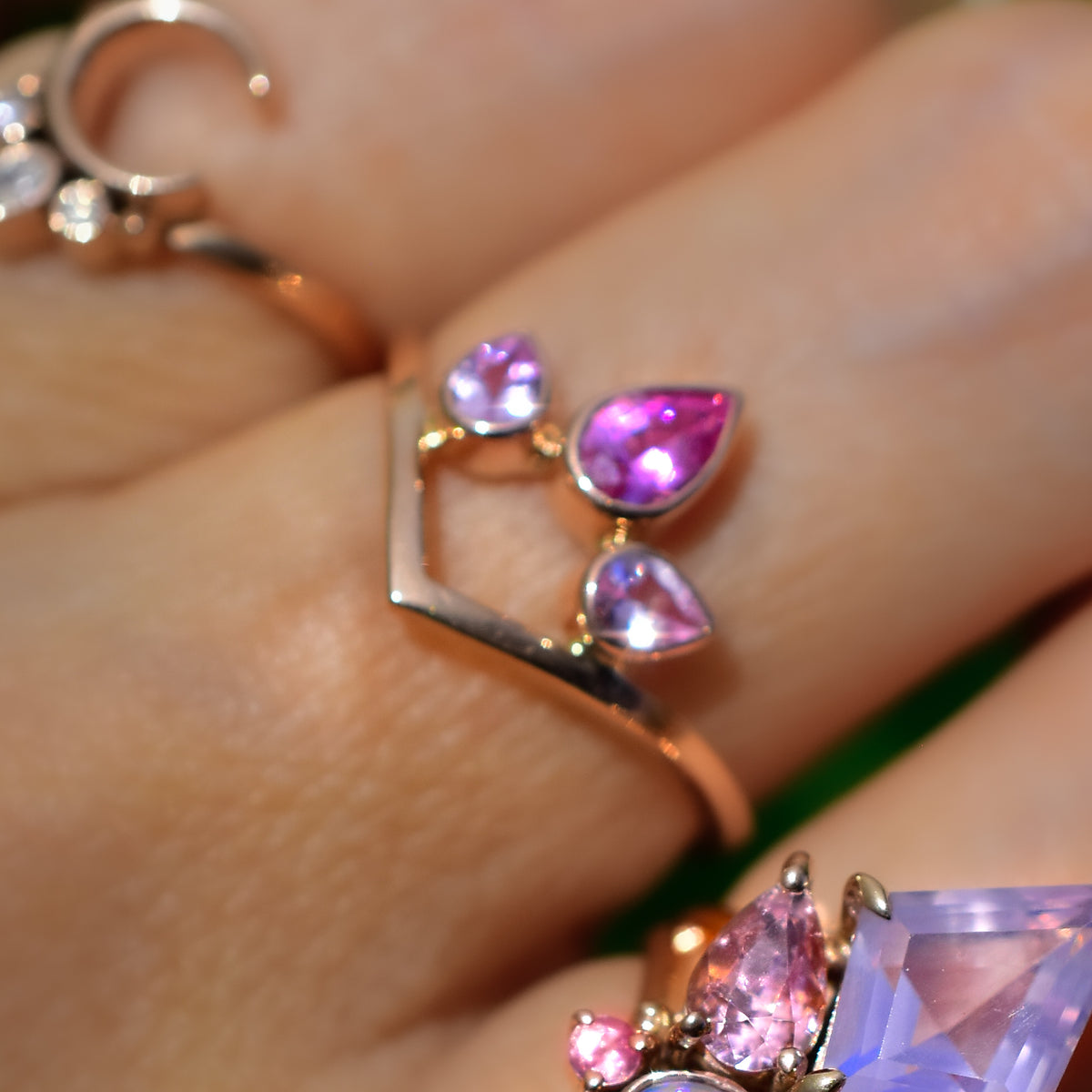 Pink and Lilac Sapphire Chevron Lotus Bud Ring in Rose Gold – Angel Alchemy