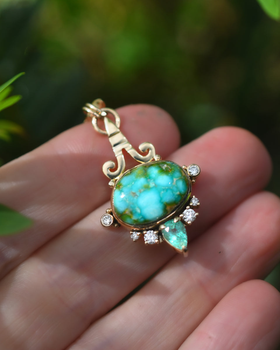 Aztec Inspired Sonoran Gold Turquoise and Emerald Sun God Pendant with ...