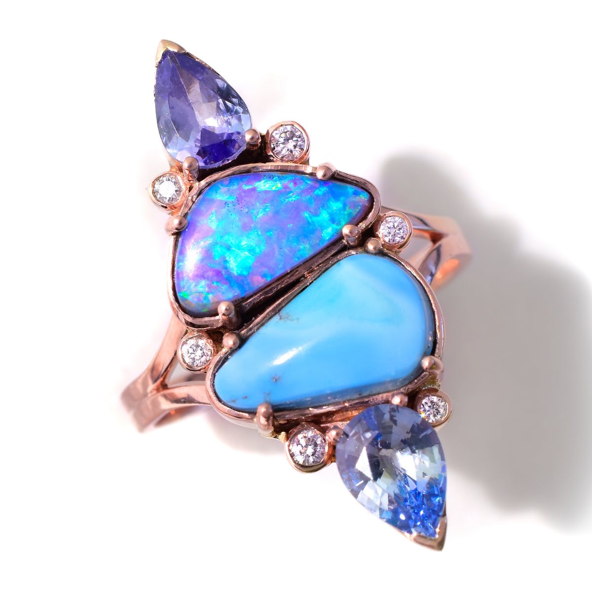 Australian Opal and Turquoise Ring with Blue Sapphire, Tanzanite and D ...