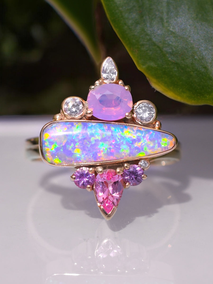 Epic Fiery Australian Opal Pagoda Temple Ring with Opalescent Lilac Sa ...