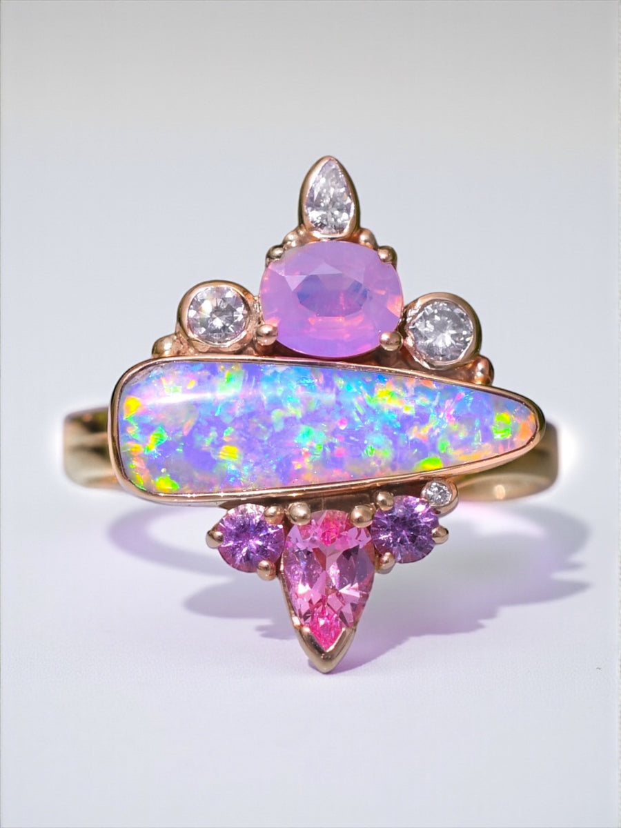 Epic Fiery Australian Opal Pagoda Temple Ring with Opalescent Lilac Sa ...