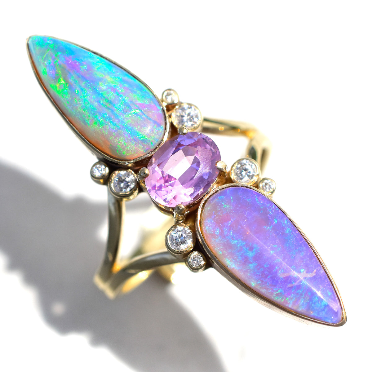 Elongated Pear Australian Opal and Precision Cut Lilac Spinel Trinity ...